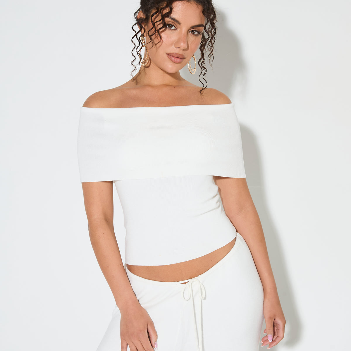 ELENA White Ribbed Knit Bardot Top – Noughts & Kisses
